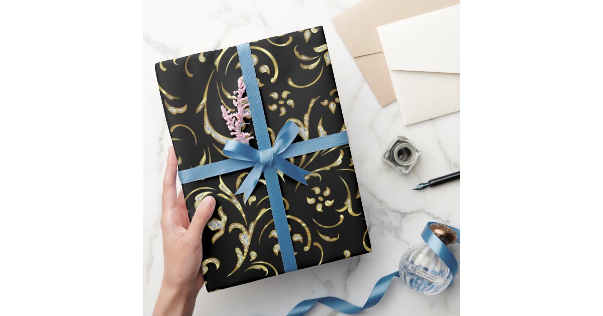 Gold Floral Pattern With Diamonds Wrapping Paper | Zazzle