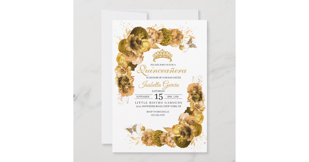 Gold Floral Quinceanera Birthday Invitation | Zazzle