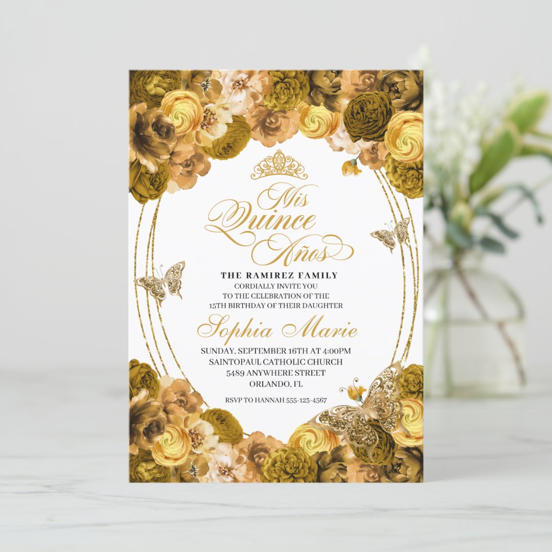 Gold Floral Quinceanera Birthday Invitation | Zazzle