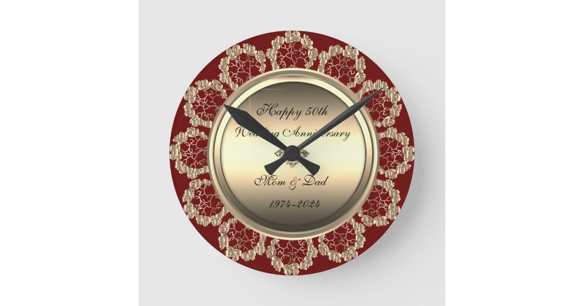 Gold Floral Swirls Red 50th Wedding Anniversary Round Clock | Zazzle