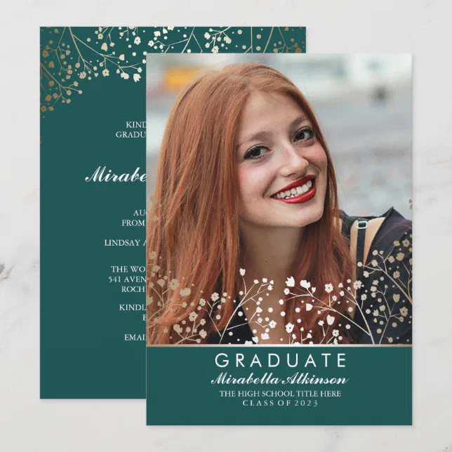 Gold Floral Teal | Student Photo Graduation Invitation | Zazzle
