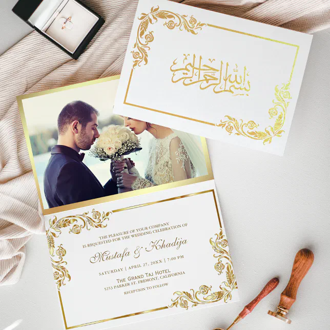Gold Floral White Photo Muslim Wedding Foil Card | Zazzle