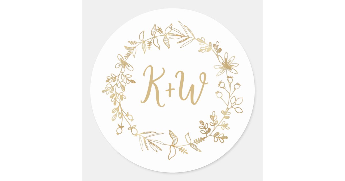 Gold Floral Wreath Wedding Invitation Initials Classic Round Sticker ...