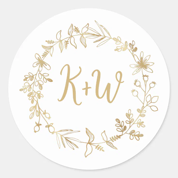 Gold Floral Wreath Wedding Invitation Initials Classic Round Sticker ...