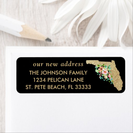 Gold Florida Map Floral Moving Return Address Label | Zazzle