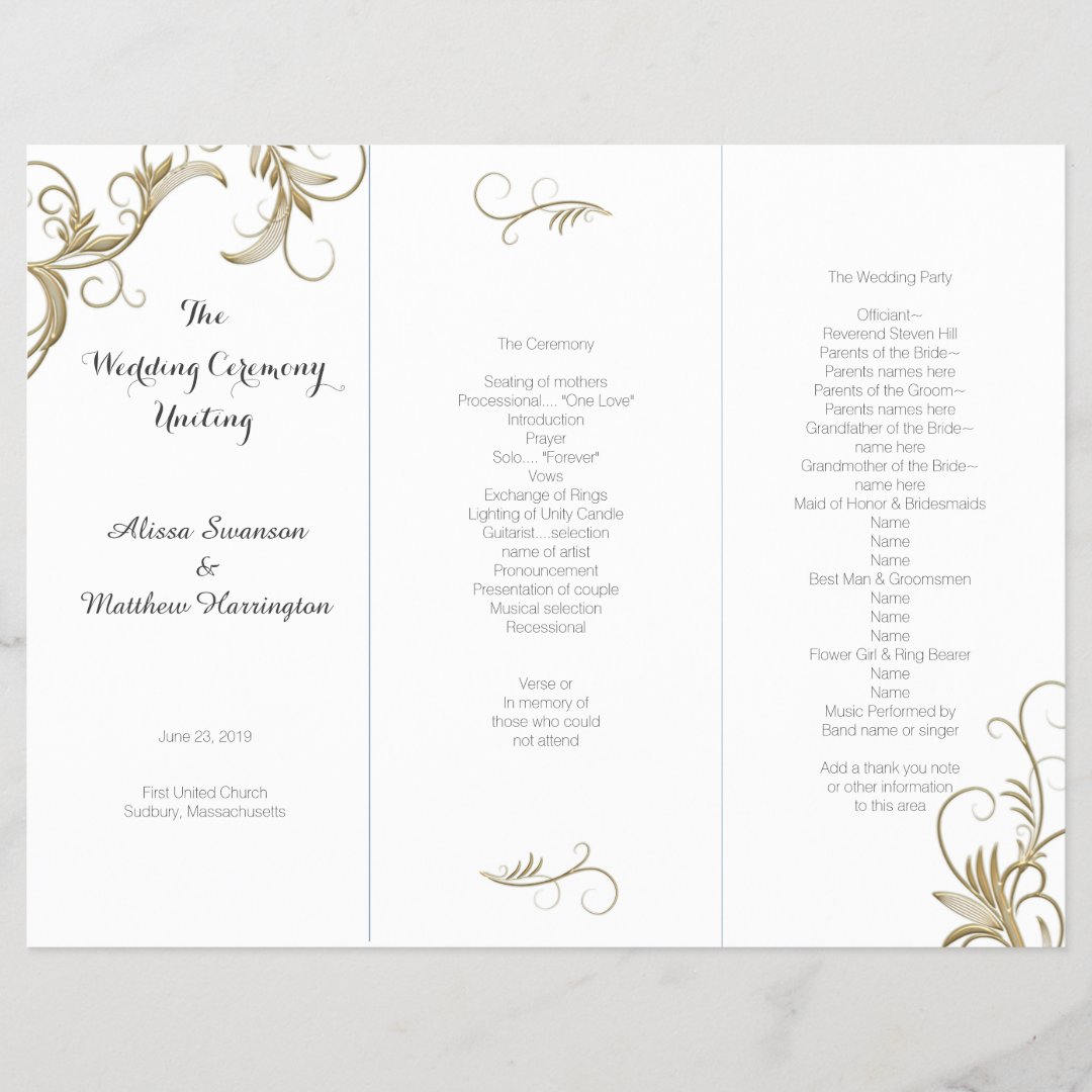 Gold Flourish White Tri-Fold Wedding Program | Zazzle