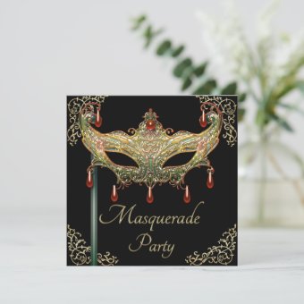 Gold Flourishes Ruby Mask Black Masquerade Party Invitation | Zazzle