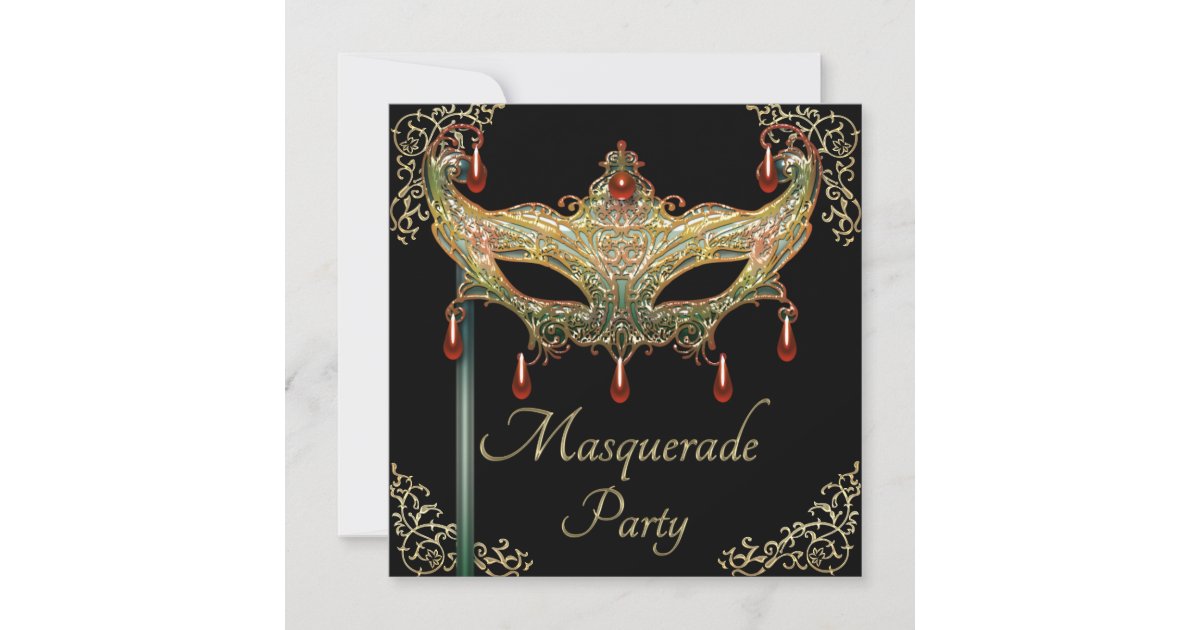 Gold Flourishes Ruby Mask Black Masquerade Party Invitation | Zazzle