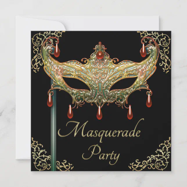 Gold Flourishes Ruby Mask Black Masquerade Party Invitation | Zazzle