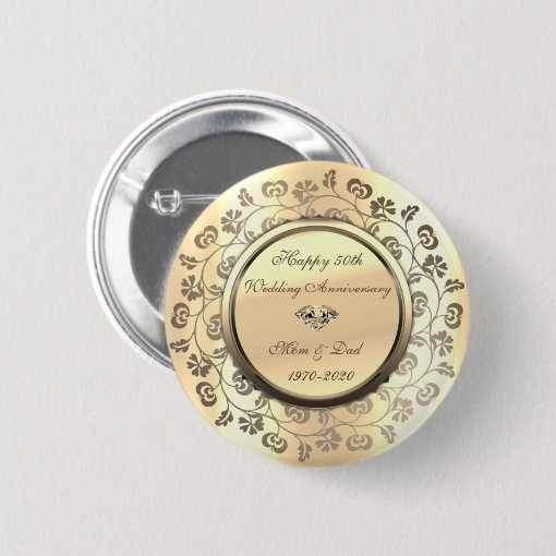 Gold Flowers Diamond 50th Wedding Anniversary Button | Zazzle