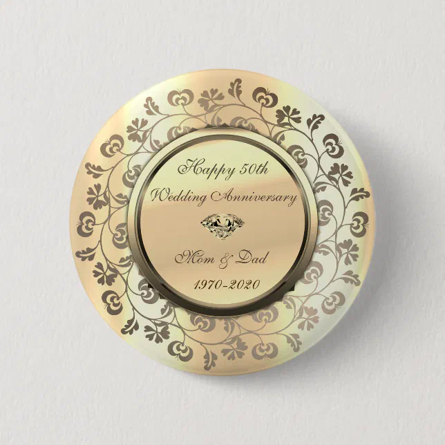 Gold Flowers Diamond 50th Wedding Anniversary Button | Zazzle