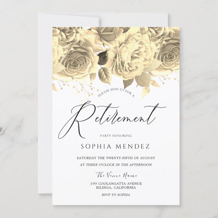 Gold Flowers Elegant Script Retirement Party Invitation | Zazzle