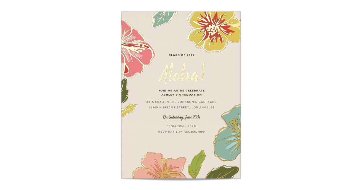 Gold Foil Aloha Hawaiian Graduation Invitations | Zazzle