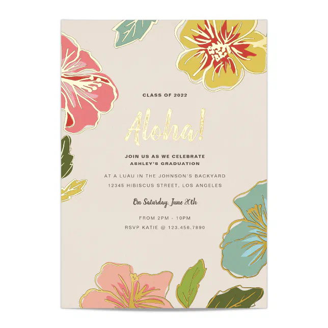 Gold Foil Aloha Hawaiian Graduation Invitations | Zazzle