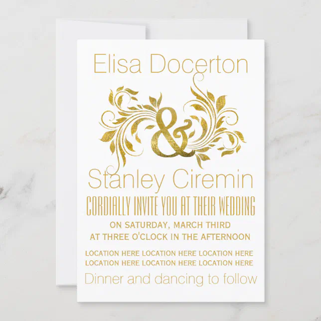 Gold foil ampersand and scroll leaf floral wedding invitation | Zazzle