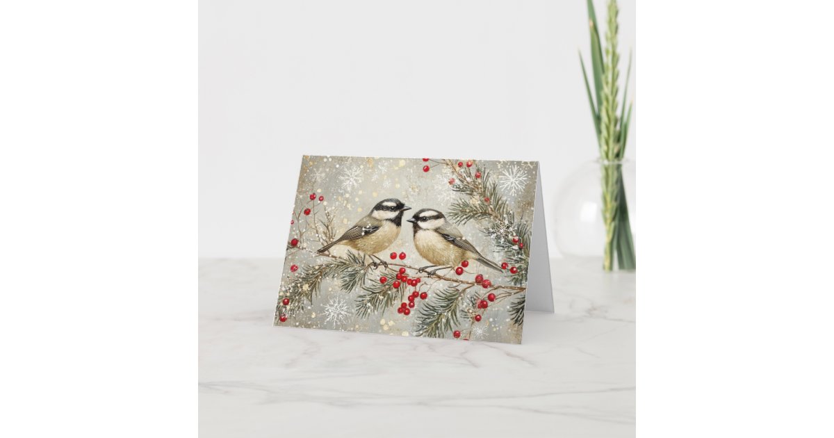 Gold Foil and Glitter Chickadees with Snow Card | Zazzle
