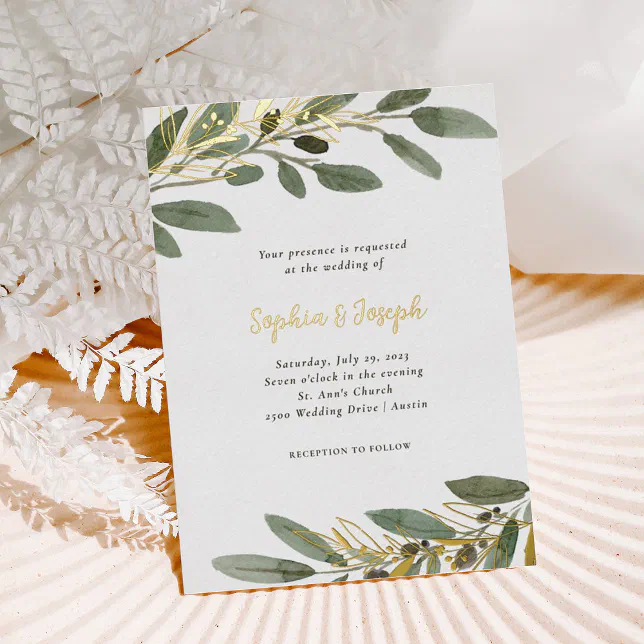 Gold Foil and Olive Leaves | Wedding Foil Invitation | Zazzle
