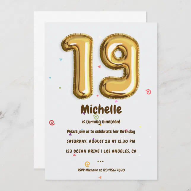 Gold Foil Balloon and Confetti 19th Birthday Party Invitation | Zazzle