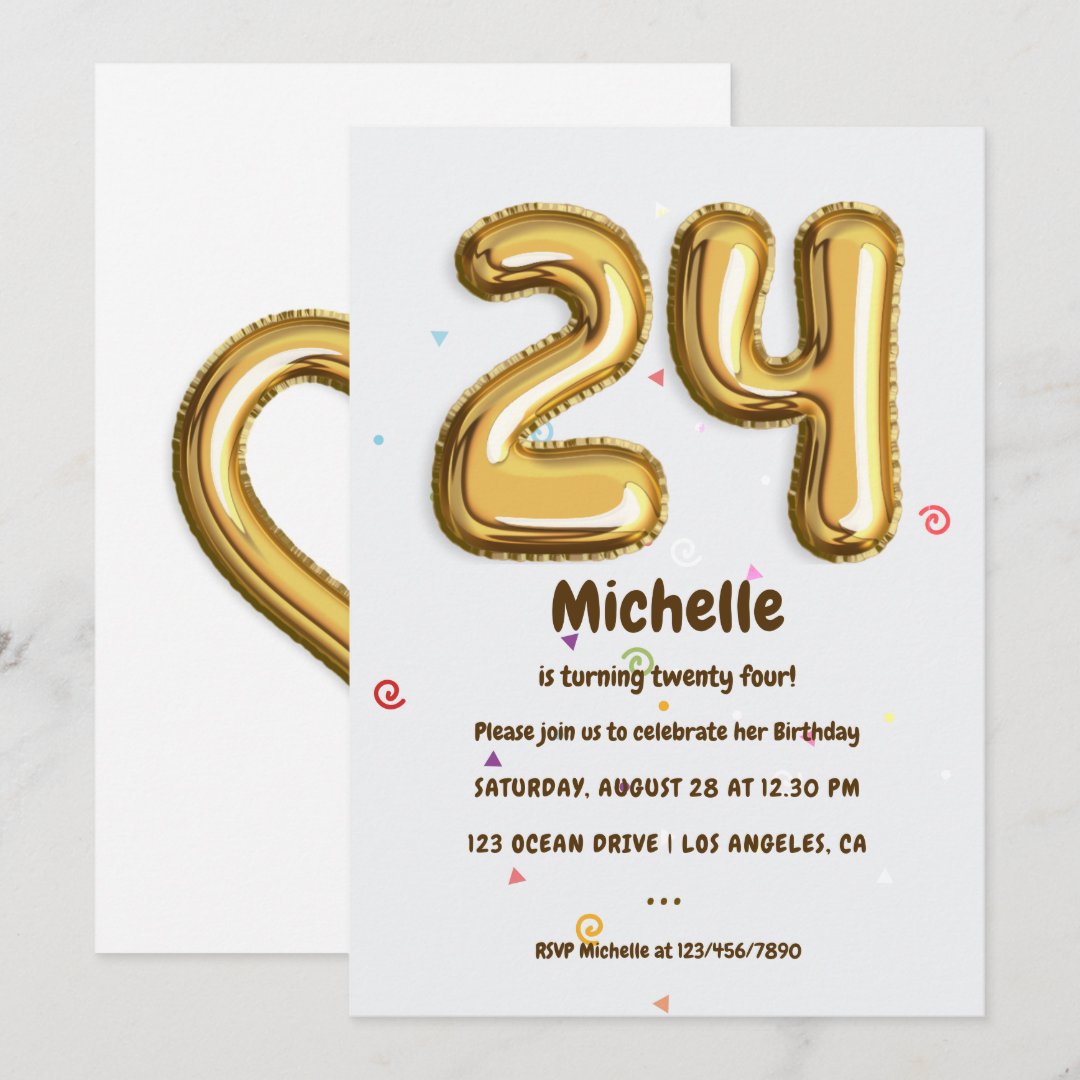 Gold Foil Balloon and Confetti 24th Birthday Party Invitation | Zazzle