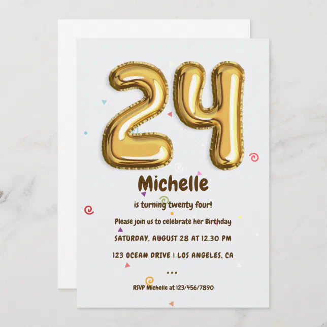 Gold Foil Balloon and Confetti 24th Birthday Party Invitation | Zazzle