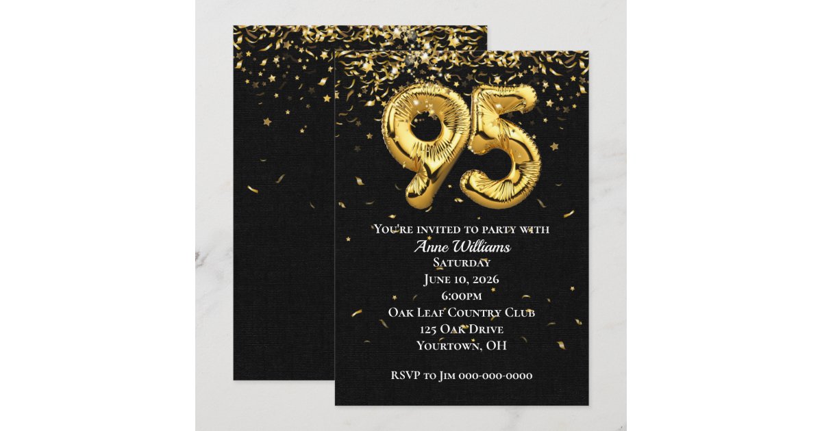 Gold Foil Balloons 95th Birthday Party Invitation | Zazzle