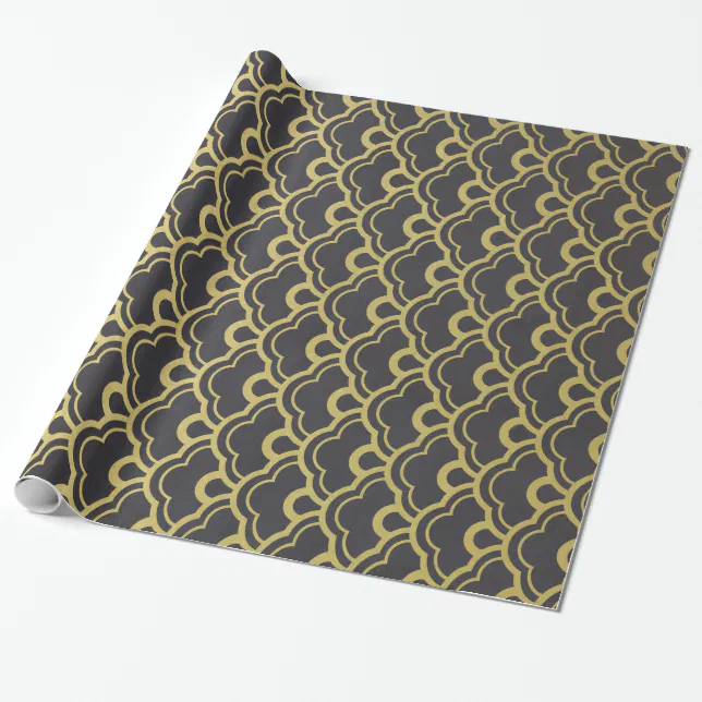 Gold Foil Black Scalloped Shells Pattern Wrapping Paper | Zazzle