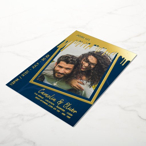 GOLD FOIL Blue PHOTO Wedding QR Code Dripping Foil Invitation | Zazzle