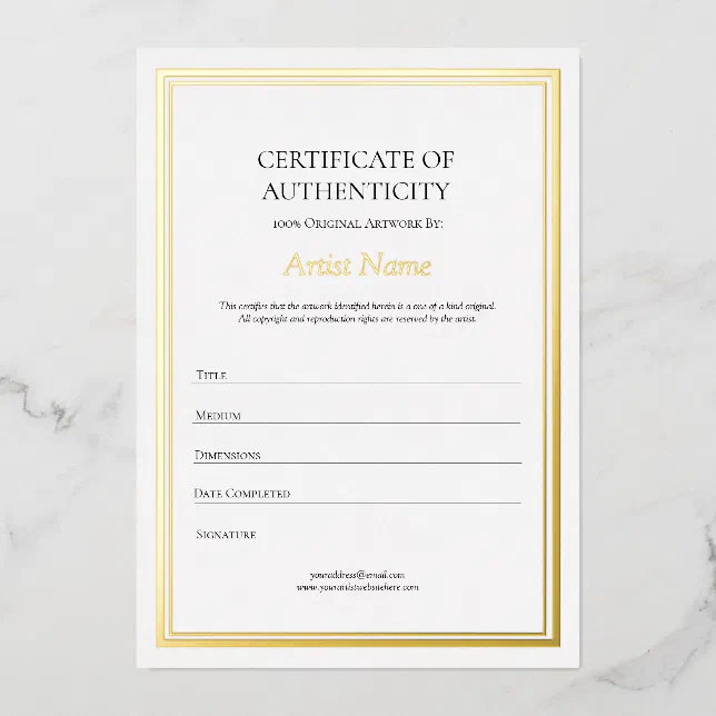 Gold Foil Border Certificate of Authenticity Art Foil Invitation | Zazzle