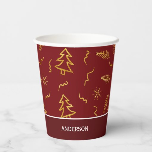 Gold Foil Christmas Tree Pattern Red Holiday Paper Cups | Zazzle