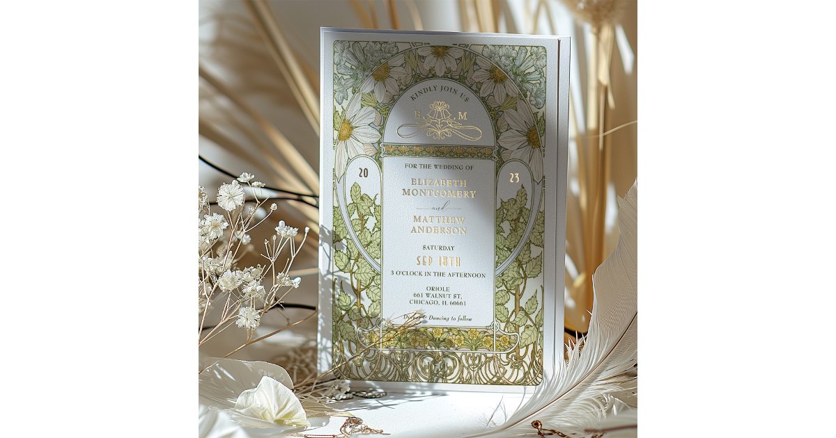 Gold Foil Daisies Wedding Invitations Art Nouveau | Zazzle