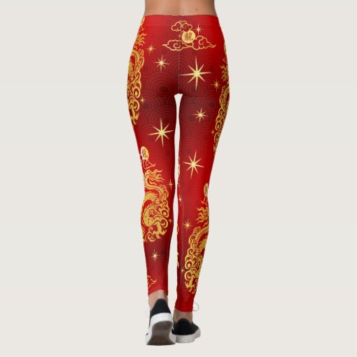 Gold Foil Dragon Chinese Lunar New Year Modern Red Leggings | Zazzle