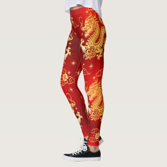 Gold Foil Dragon Chinese Lunar New Year Modern Red Leggings | Zazzle