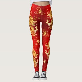 Gold Foil Dragon Chinese Lunar New Year Modern Red Leggings | Zazzle