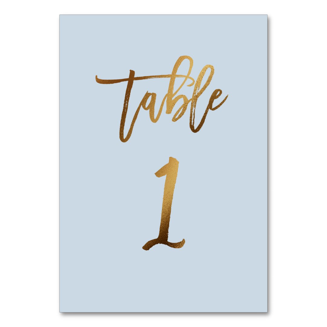 Gold foil dusty blue wedding table number | Zazzle