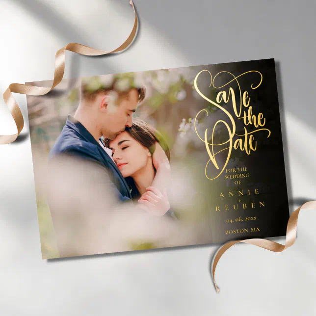 Gold Foil Elegant Script Save the Date Photo Card | Zazzle