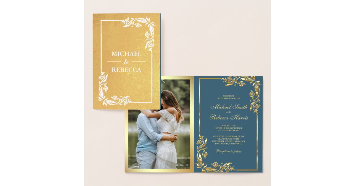 Gold Foil Floral Photo Blue Wedding Invitation | Zazzle