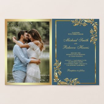 Gold Foil Floral Photo Blue Wedding Invitation | Zazzle