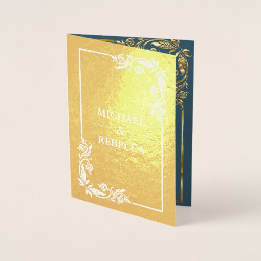 Gold Foil Floral Photo Blue Wedding Invitation | Zazzle