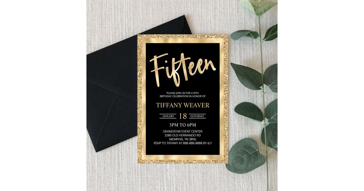 Gold Foil Glitter Fifteenth 15th Birthday Invitation | Zazzle