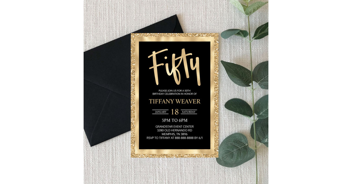 Gold Foil Glitter Fifty 50th Birthday Invitation | Zazzle