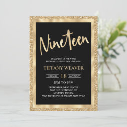 Gold Foil Glitter Nineteen 19th Birthday Invitation | Zazzle