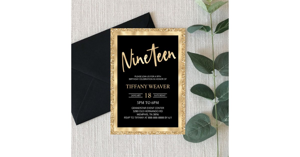 Gold Foil Glitter Nineteen 19th Birthday Invitation | Zazzle