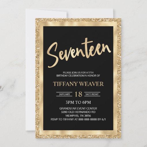 Gold Foil Glitter Seventeenth 17th Birthday Invitation | Zazzle