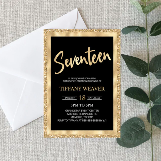 Gold Foil Glitter Seventeenth 17th Birthday Invitation | Zazzle