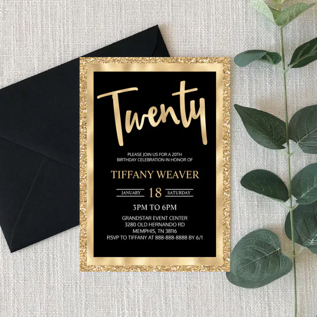Gold Foil Glitter Twenty 20th Birthday Invitation | Zazzle