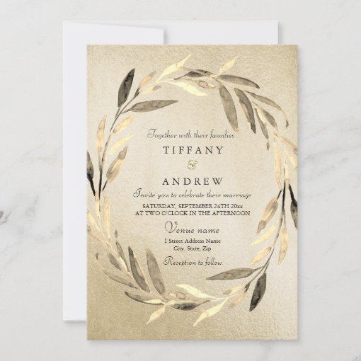 Gold Foil Golden Leaf Wreath Wedding Invitation | Zazzle