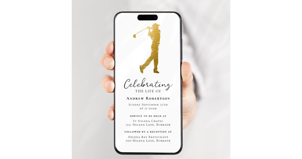 Gold Foil Golfer Funeral Digital Evite Invitation | Zazzle