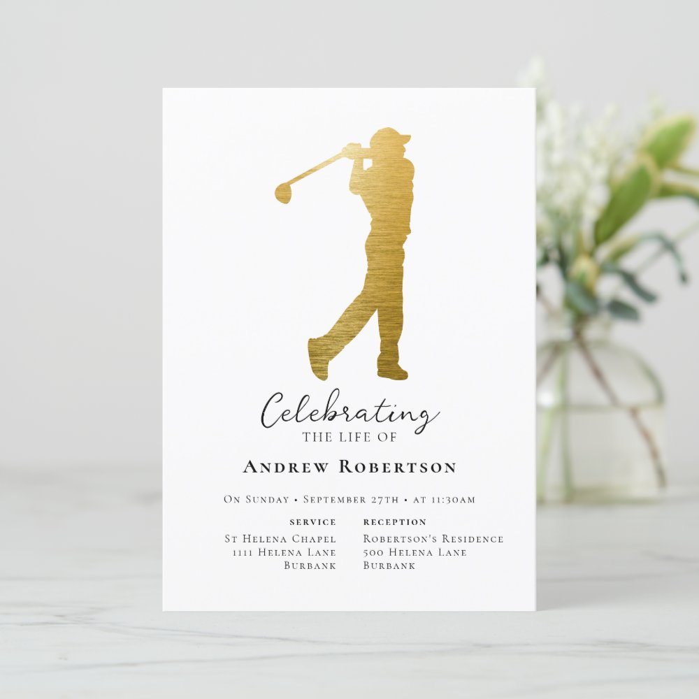 Gold Foil Golfer Funeral Invitation - Snuggle Hamster Designs