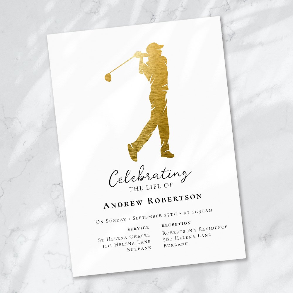 Gold Foil Golfer Funeral Invitation - Snuggle Hamster Designs