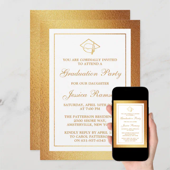 Gold Foil Graduation Hat Graduation Party Invitation | Zazzle